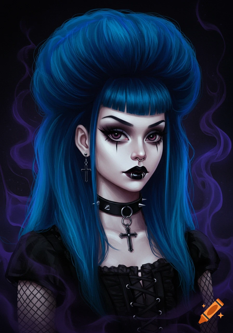Stylized portrait of a goth girl with blue hair, dark makeup, and piercings, with purple smoke ...
