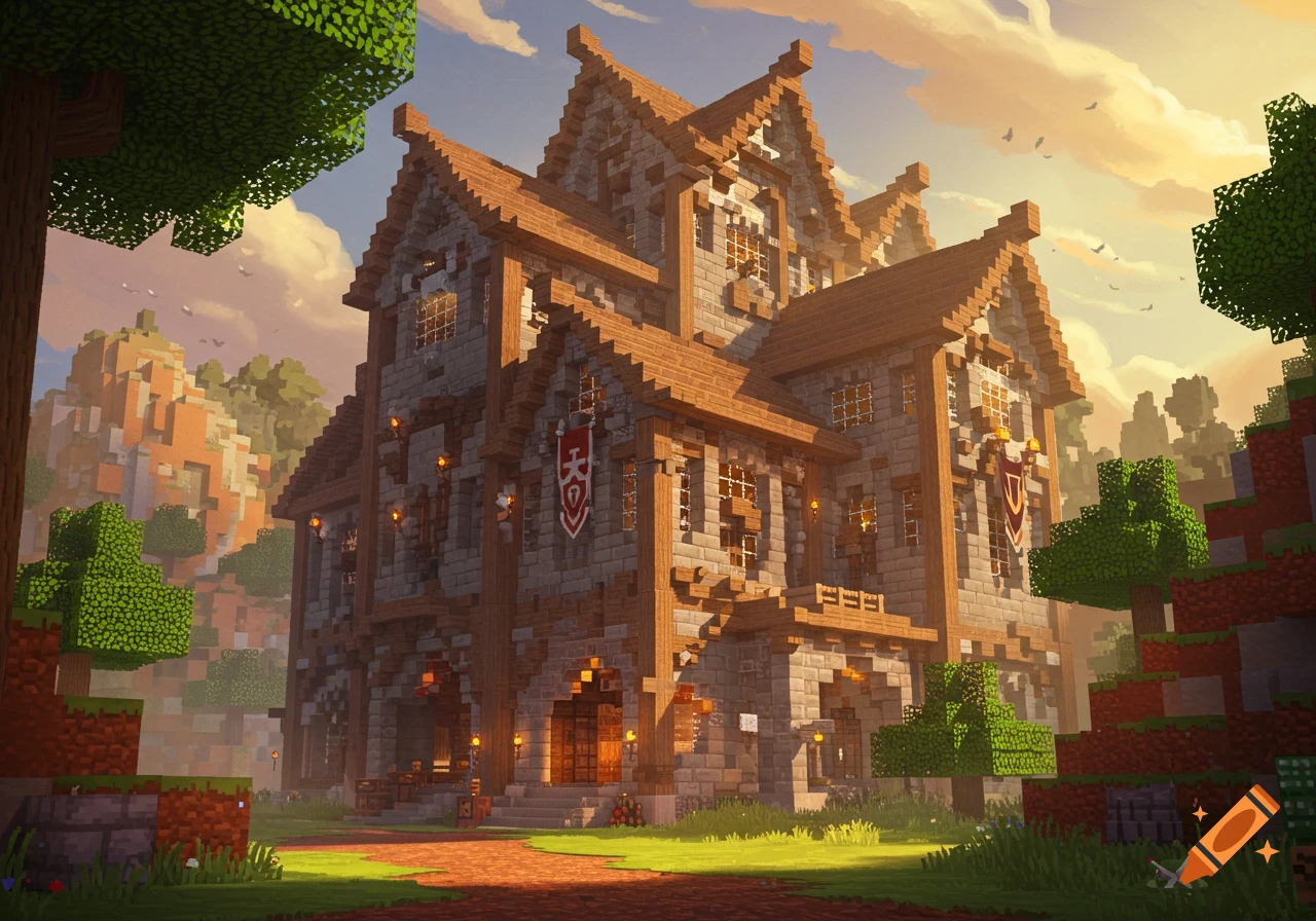 A large, detailed Minecraft-style building, resembling an adventurer's ...