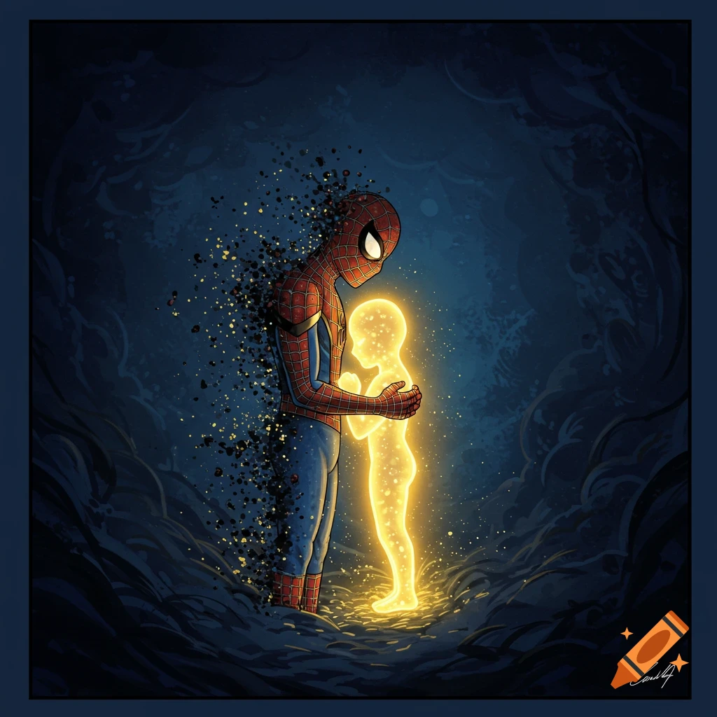 Comic book style illustration of Spider-Man fading into particles while ...
