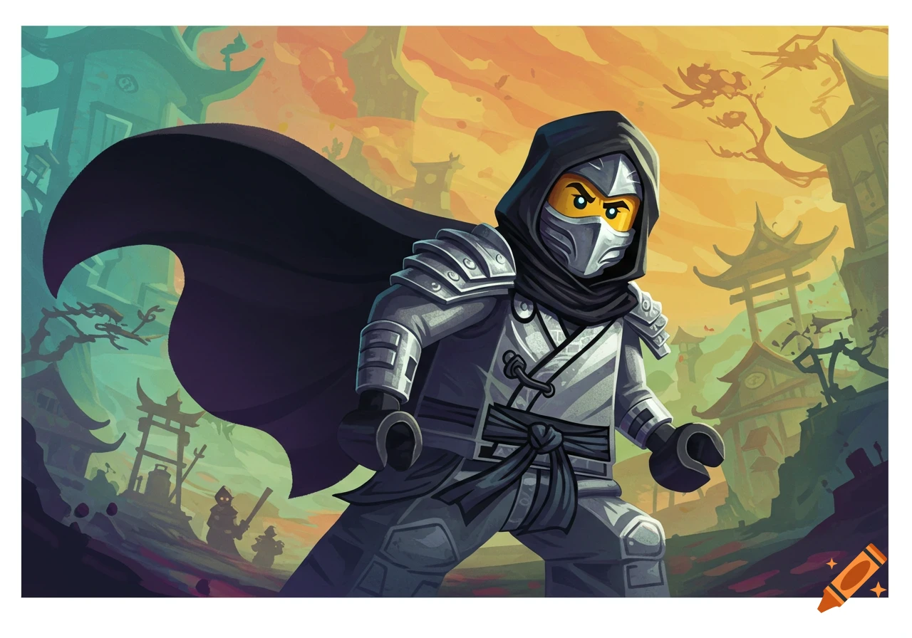 A silver Lego-style ninja stands in a stylized, colorful landscape with Asian temples. on Craiyon