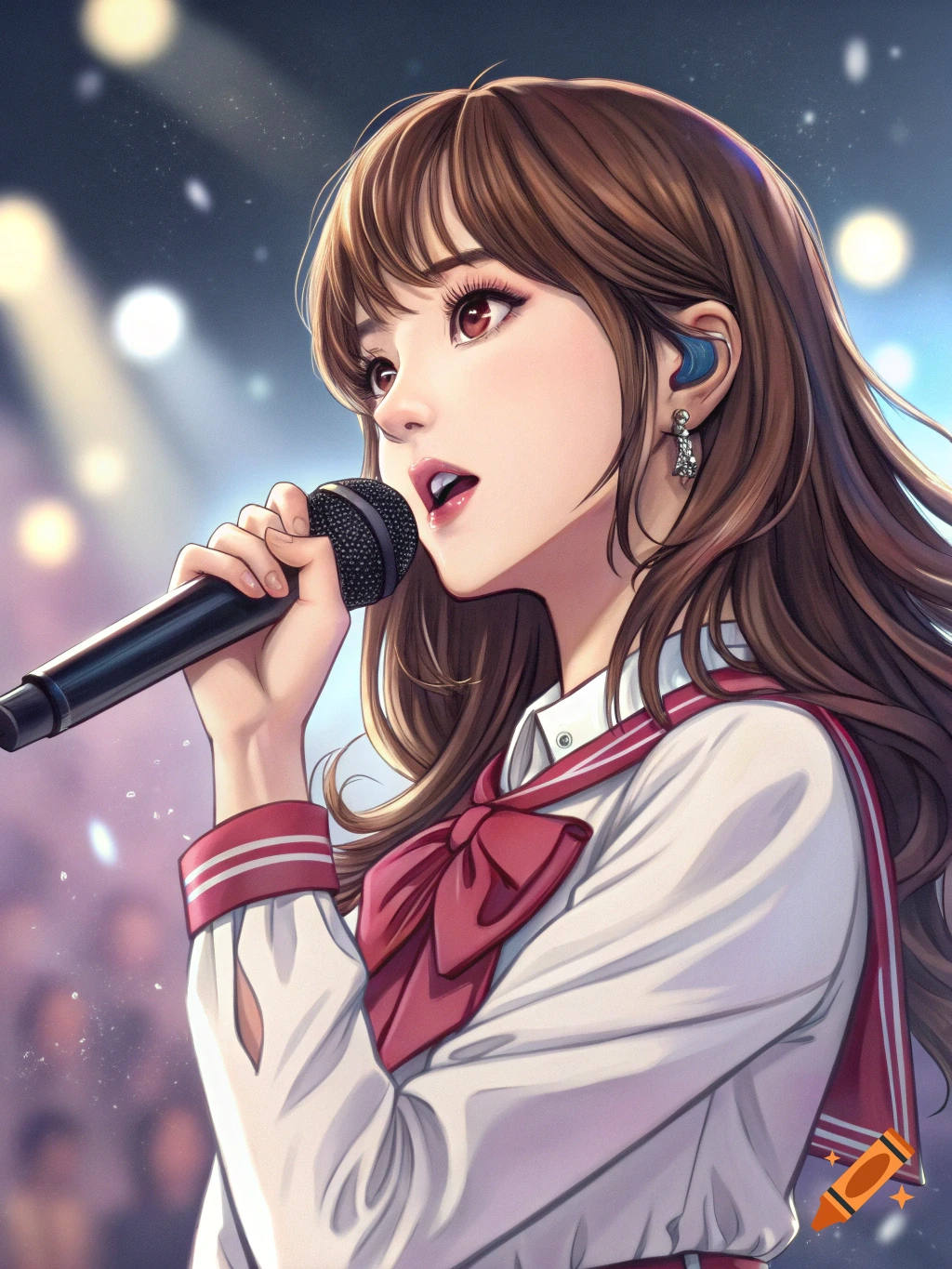 Anime-style close-up of a female K-pop soloist with brown hair singing ...
