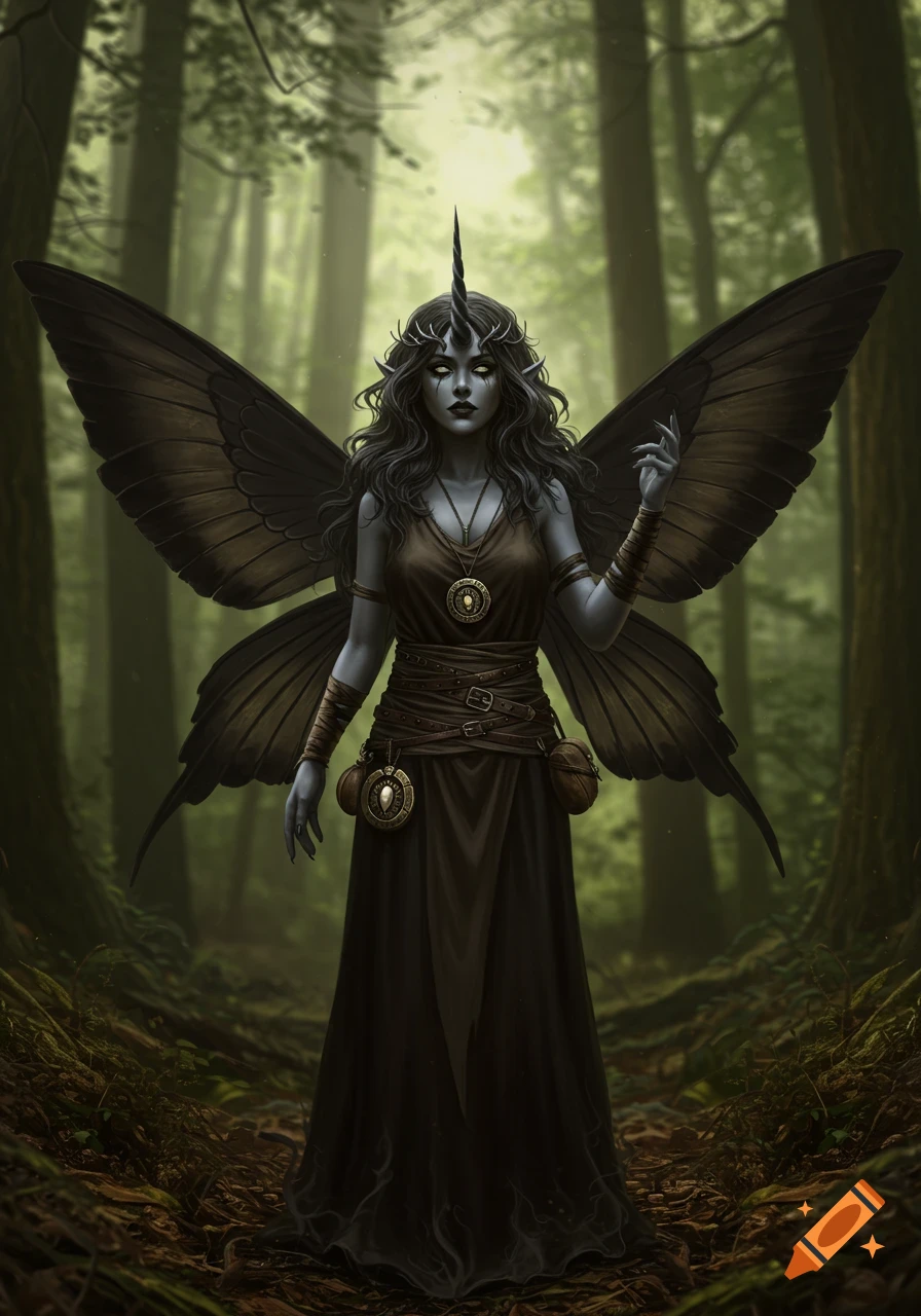 A dark-skinned female fairy with a unicorn horn, black butterfly wings ...