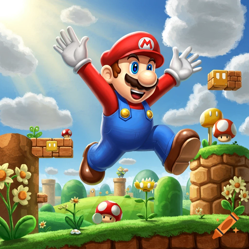 Mario jumps joyfully in a vibrant Super Mario Bros. landscape with ...