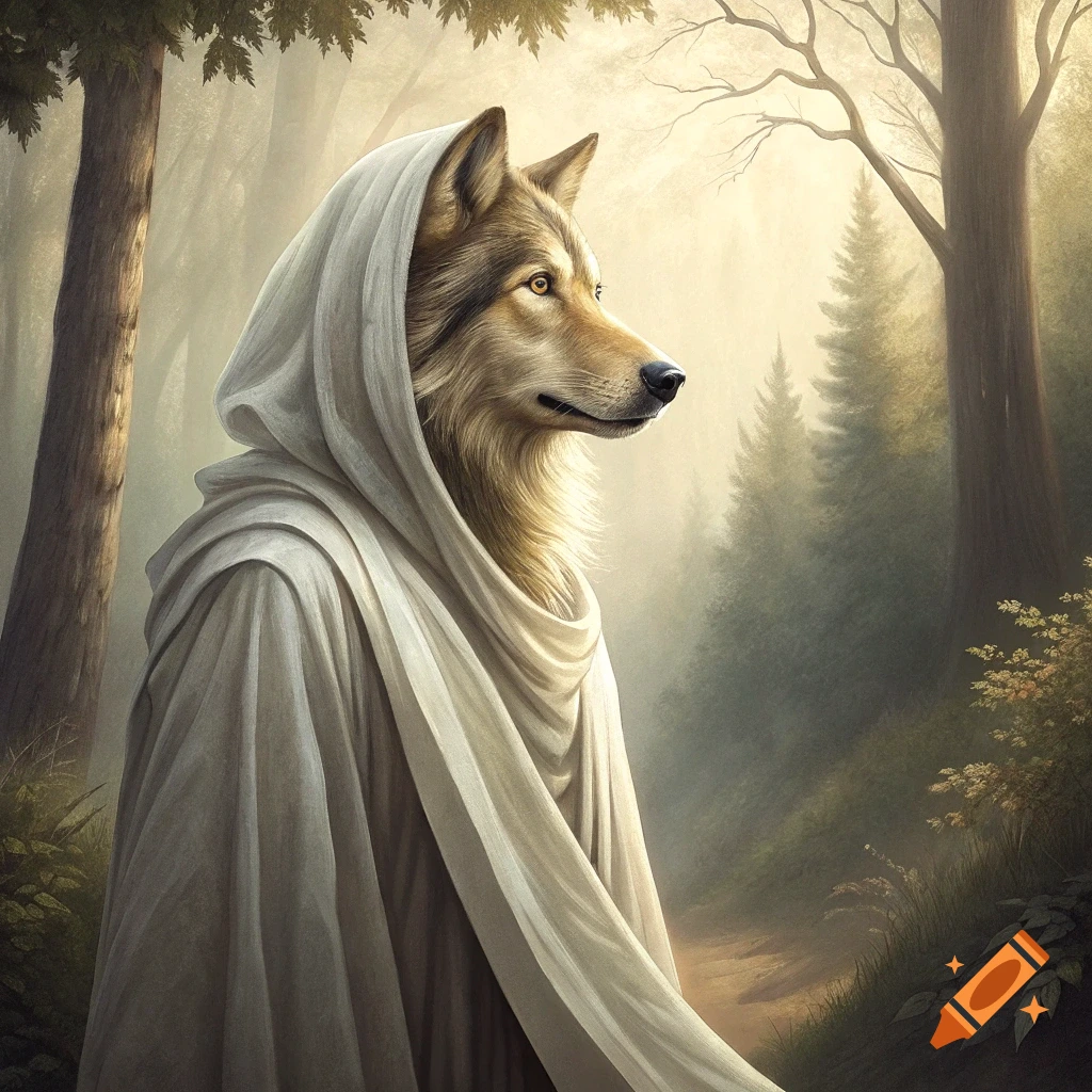 A majestic wolf in a white robe stands on a misty forest path, looking ...