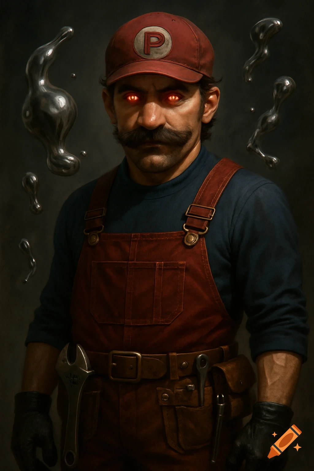 Dark, realistic portrait of Mario with glowing red eyes, mustache, red ...