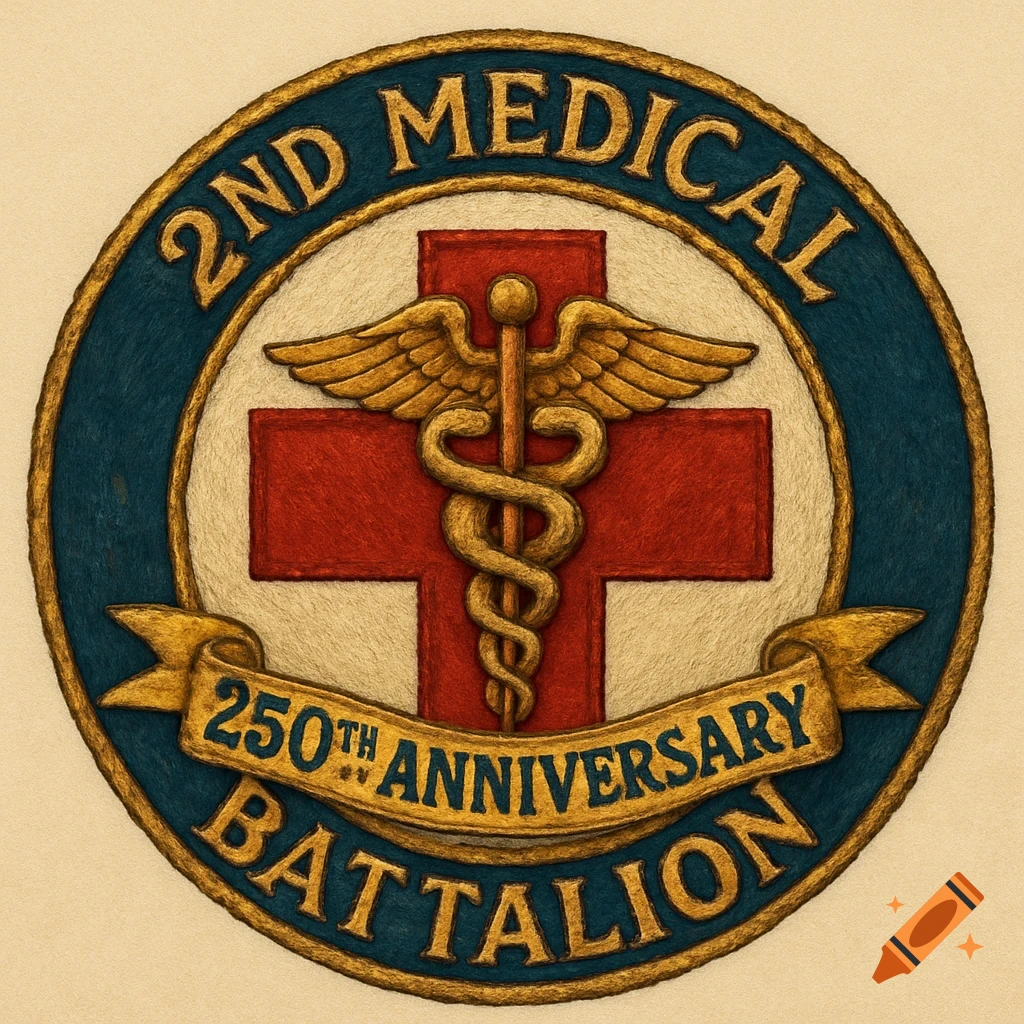A circular patch with a red cross, caduceus, and text '2ND MEDICAL ...