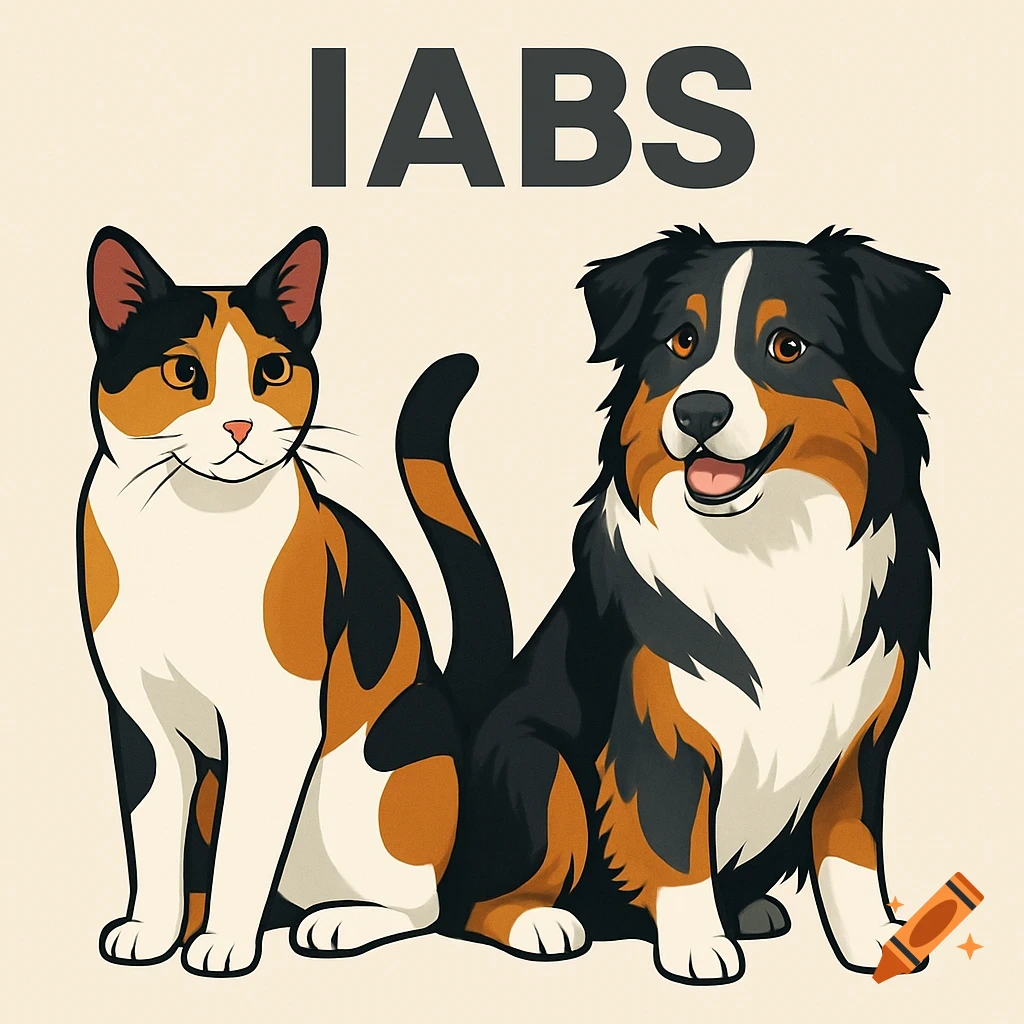 A stylized illustration of a calico cat and an Australian Shepherd dog ...