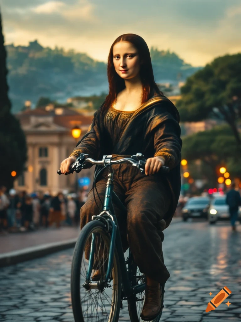 Mona Lisa rides a bicycle on a cobblestone street in Rome at sunset. on ...