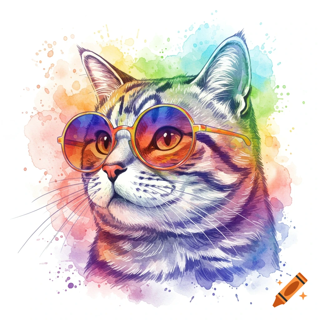 Watercolor illustration of a cat wearing round, colorful sunglasses ...