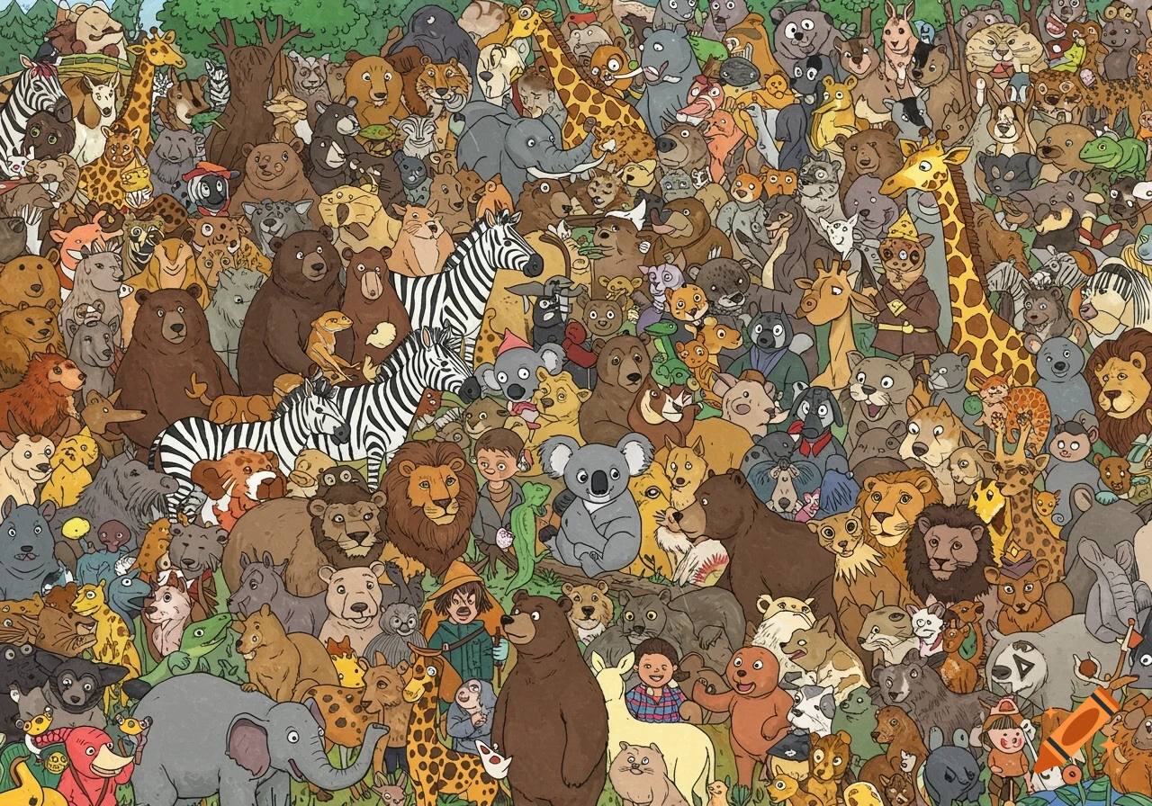 Highly detailed, whimsical illustration in a 'Where's Wally?' style ...