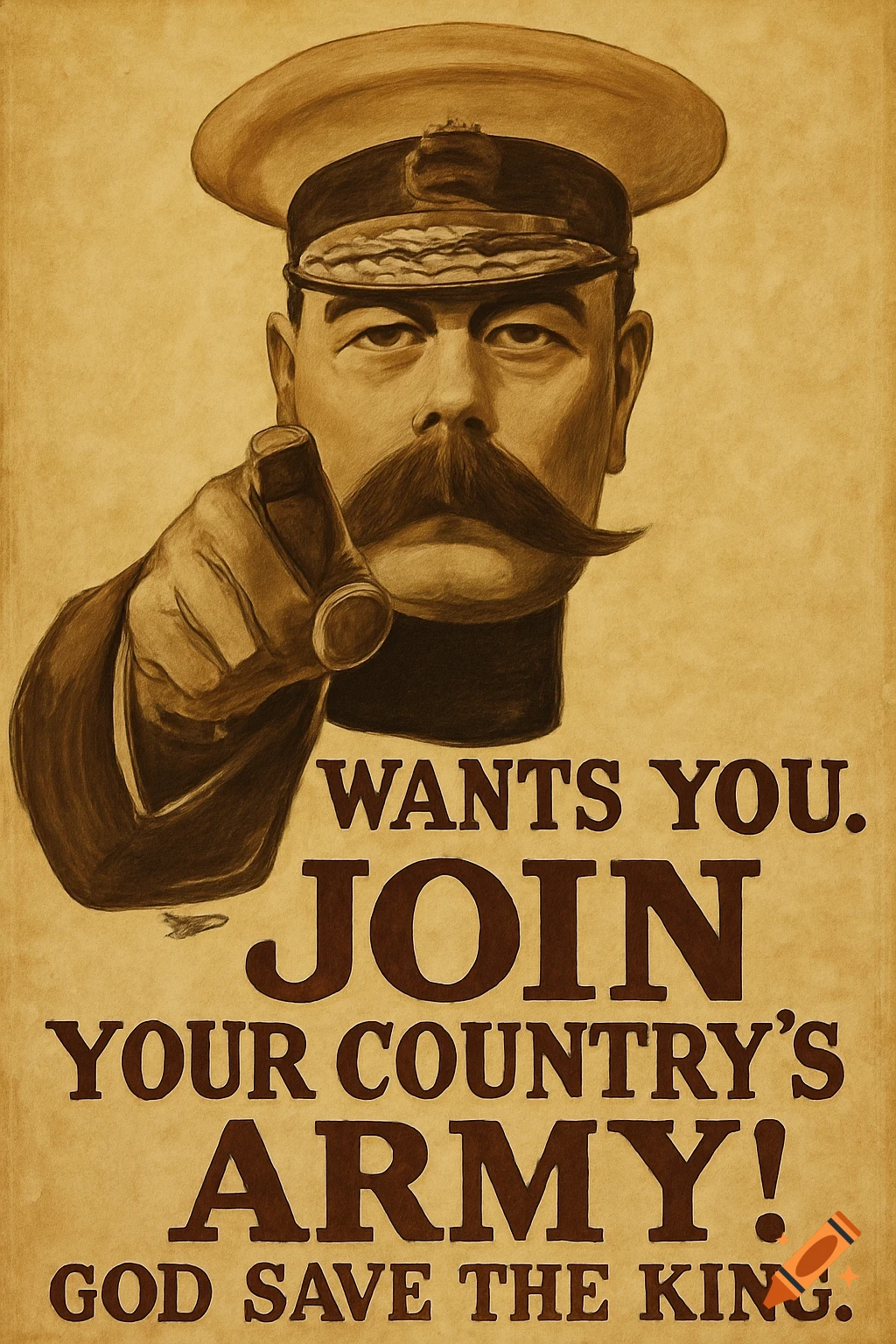 A sepia-toned vintage propaganda poster shows a stern-faced British ...