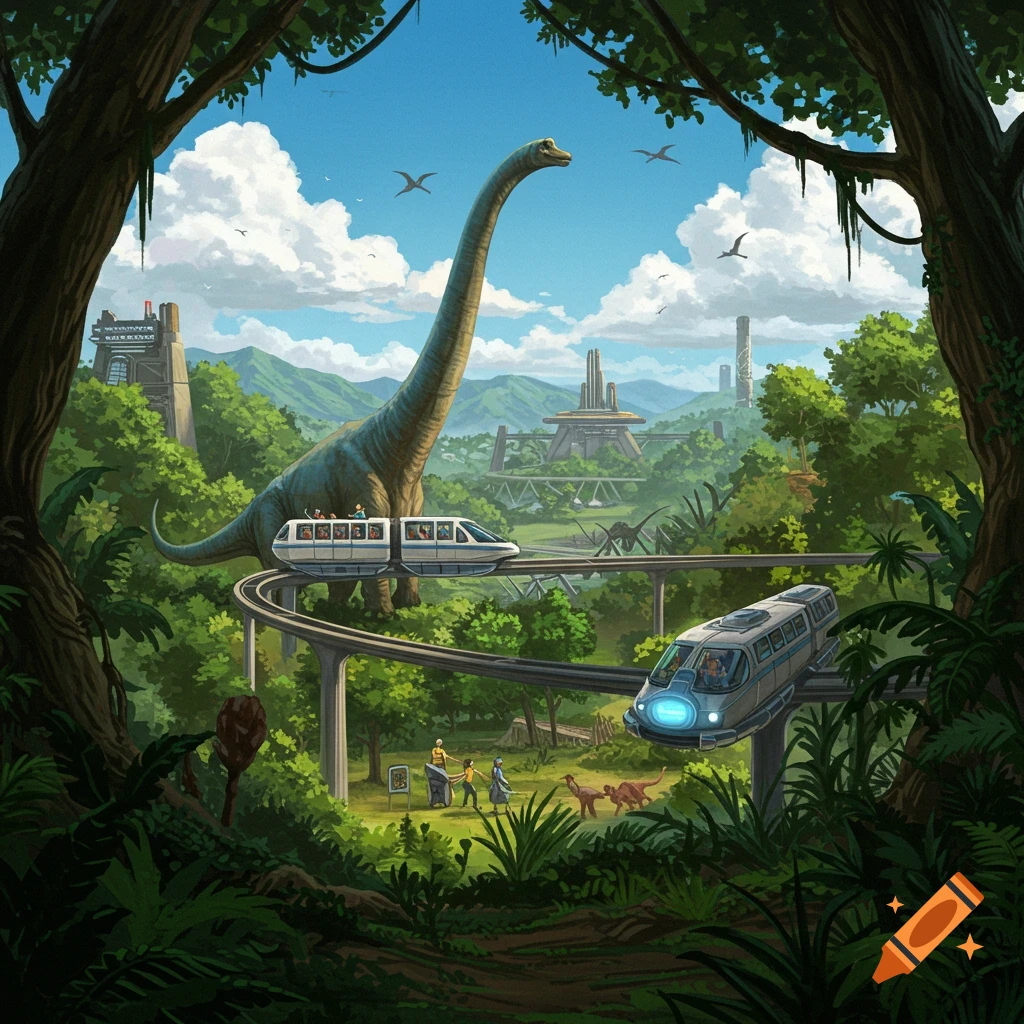 A large brontosaurus stands beside a monorail in a lush jungle with ...