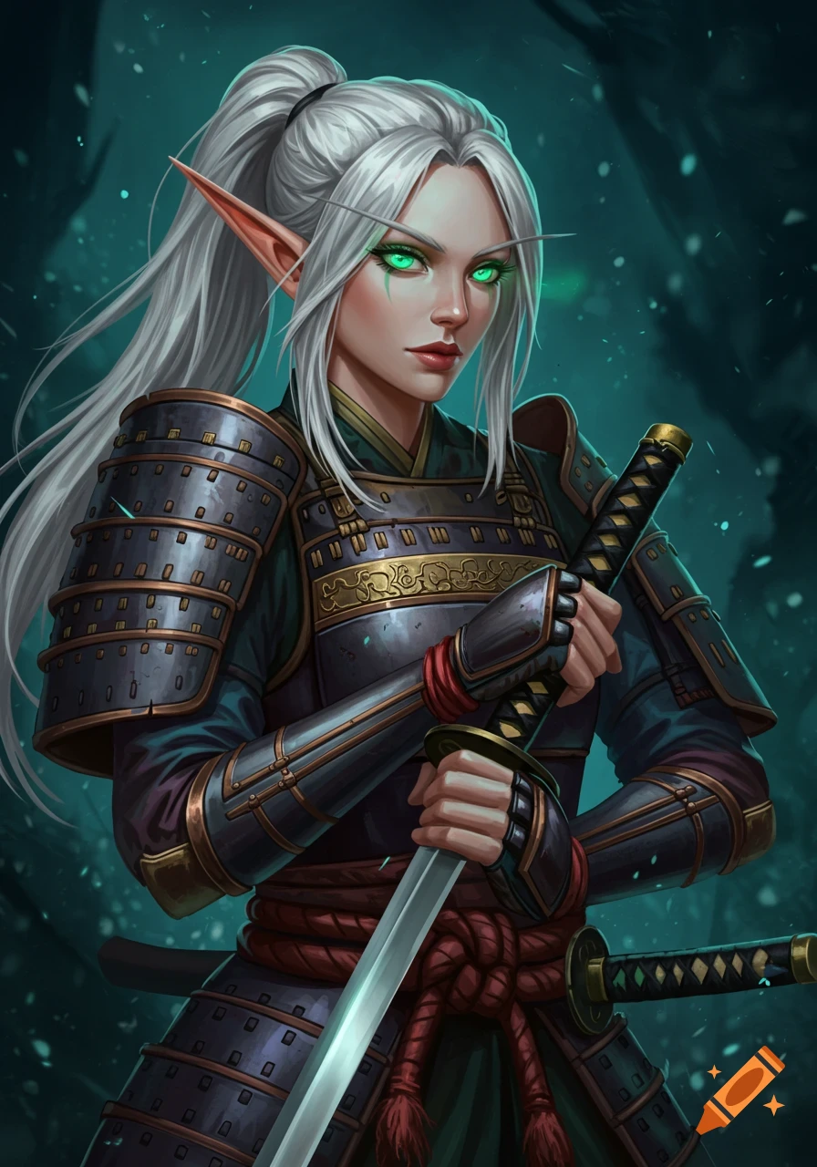 An elf samurai with long white hair and glowing green eyes holds a ...