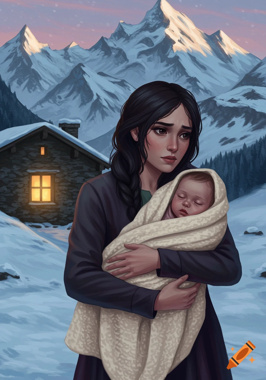 A sorrowful woman holds a swaddled baby in a snowy mountain landscape ...