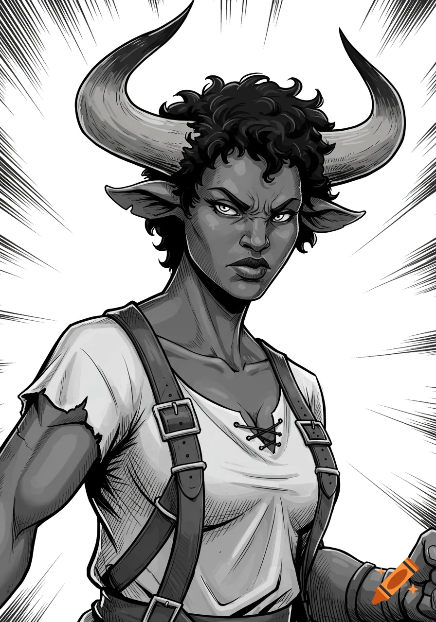 A black and white indie comic style drawing of an angry female minotaur ...