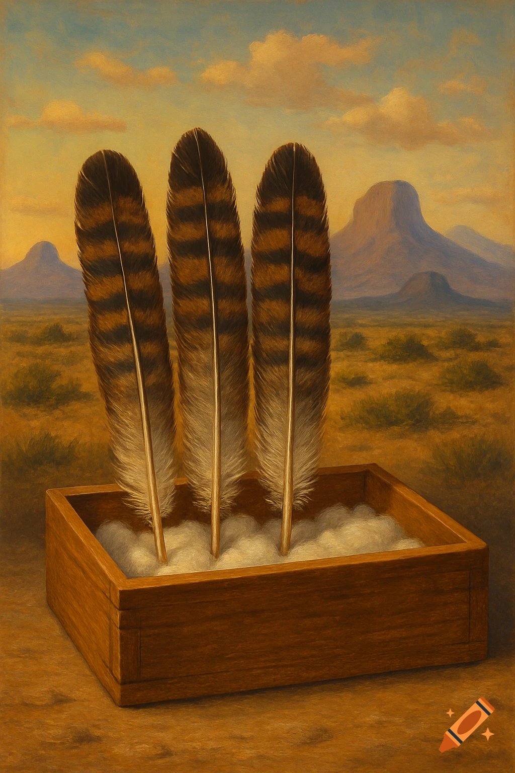 Three brown-striped feathers stand upright in a wooden box filled with ...