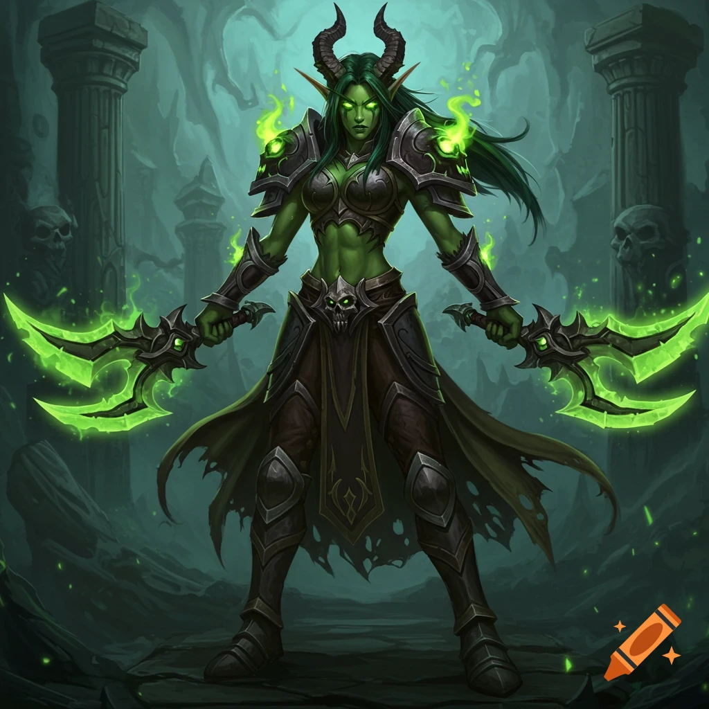 A green-skinned female demon hunter with horns and glowing green eyes ...