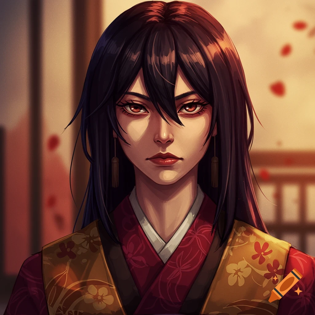 Anime portrait of a stern dark-haired woman with red eyes in ...