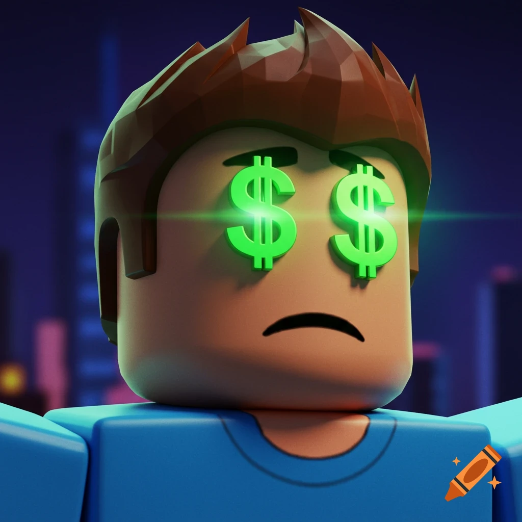 A Roblox default player with glowing green dollar signs for eyes and a ...