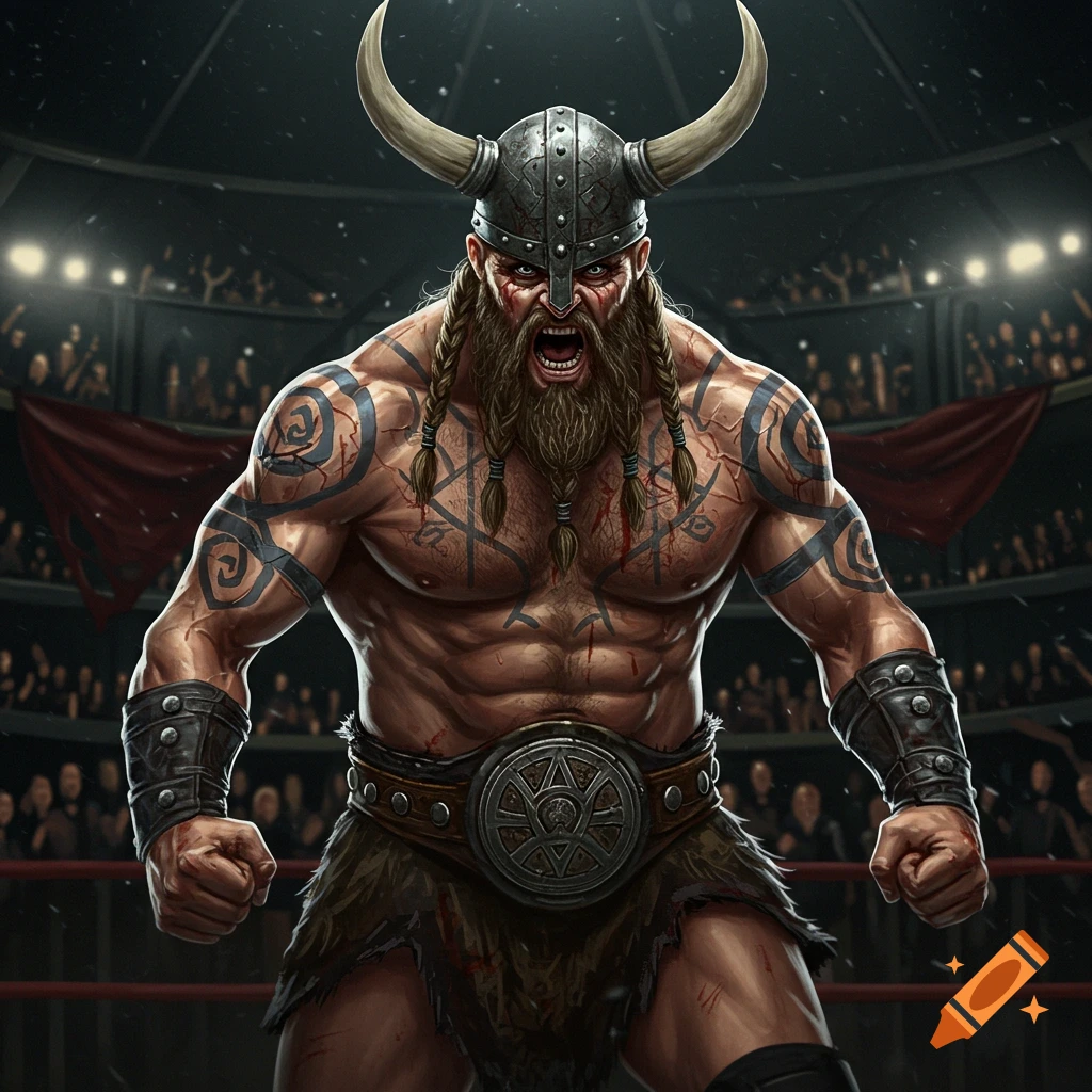 A muscular, angry Viking wrestler with a horned helmet and tattoos ...