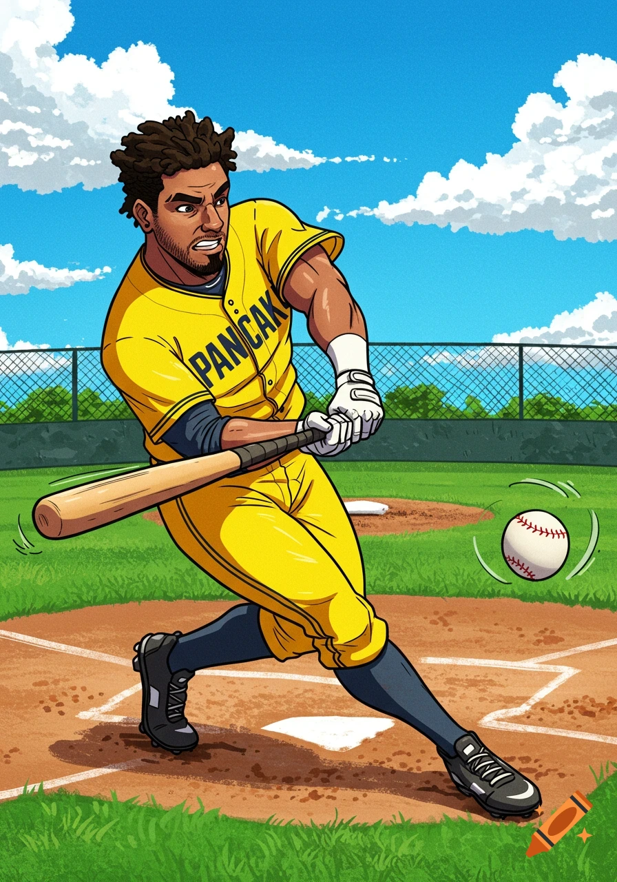 A male baseball player with dreadlocks in a yellow uniform swings a bat ...