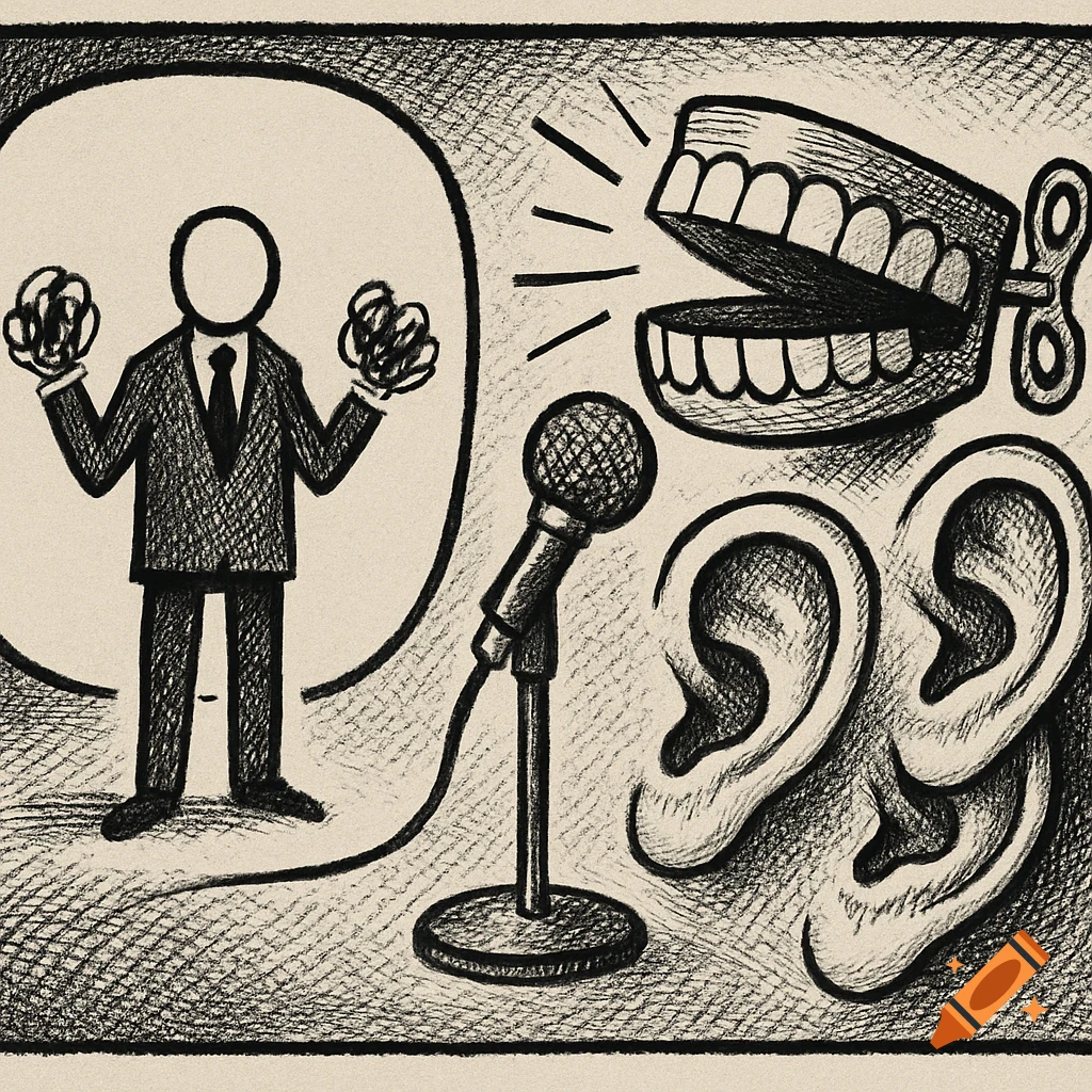 Black and white political cartoon showing a figure speaking into a ...