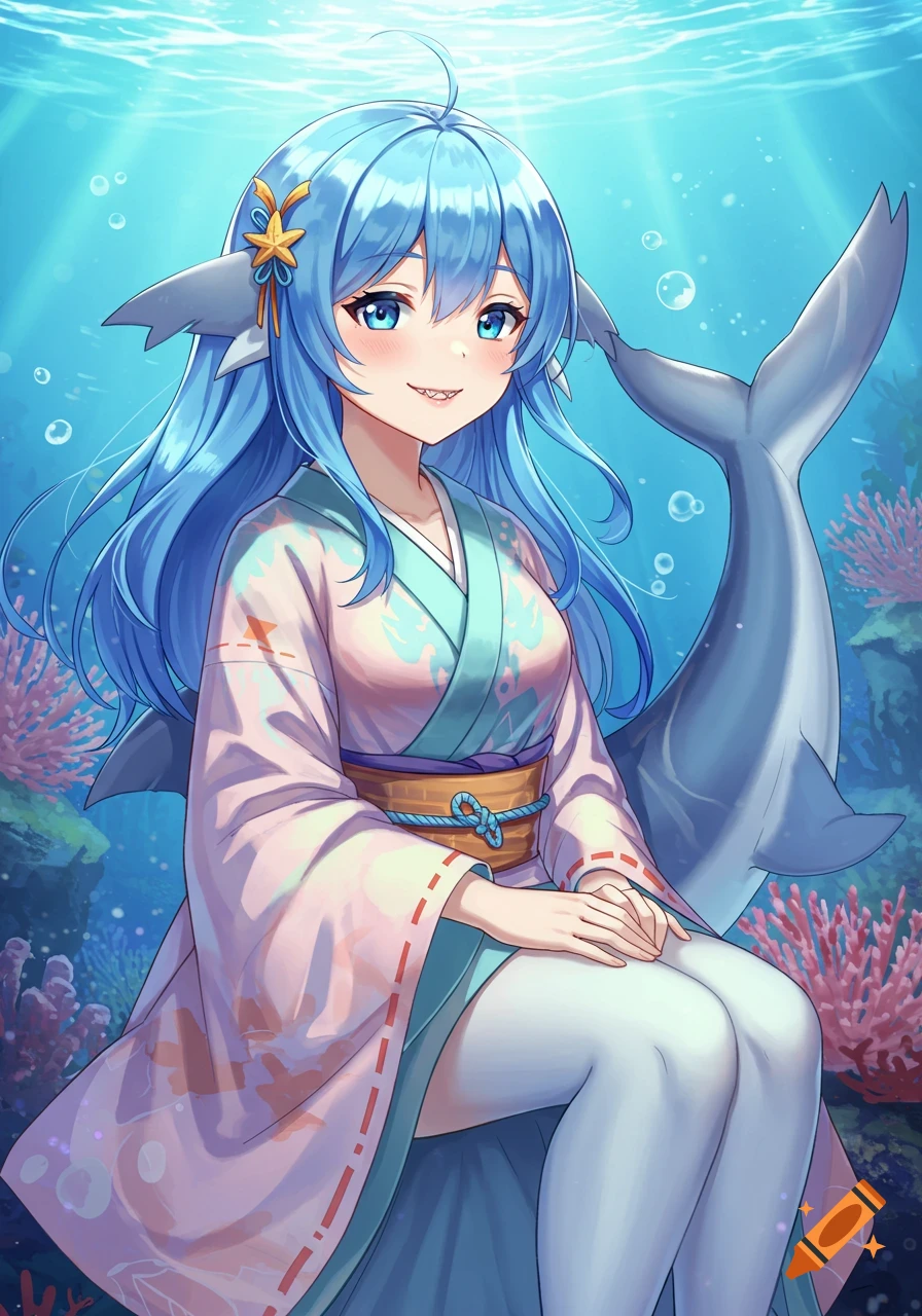 Anime shark girl in a pink and blue kimono, with blue hair and shark ...