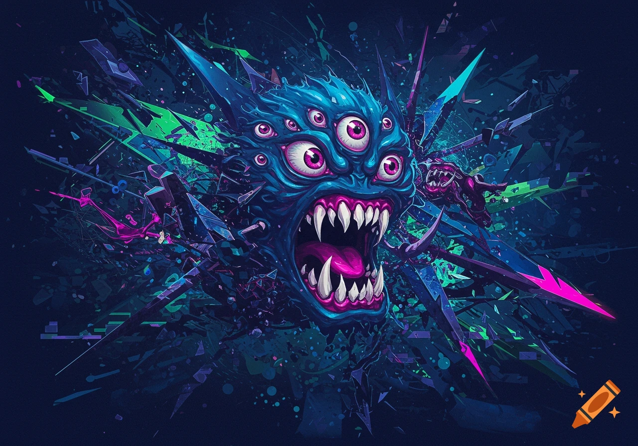 Vibrant, abstract digital art of a blue, multi-eyed monster with sharp ...