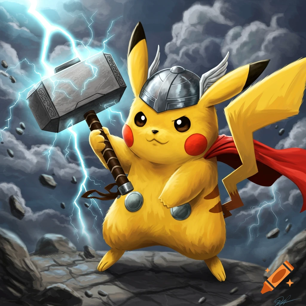 Pikachu dressed as Thor, wearing a helmet and red cape, holding Mjolnir ...