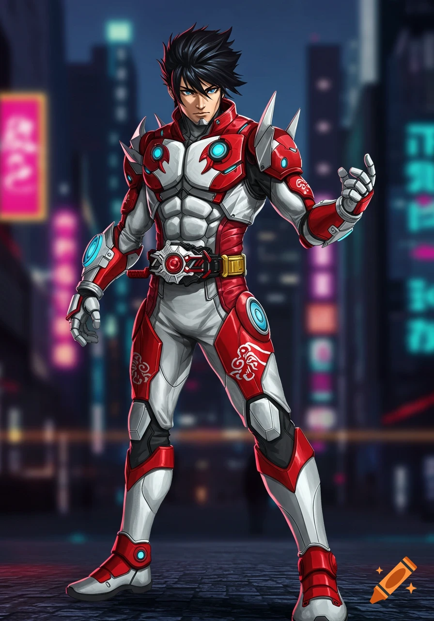 A Japanese superhero in red and white armor with blue accents stands in ...