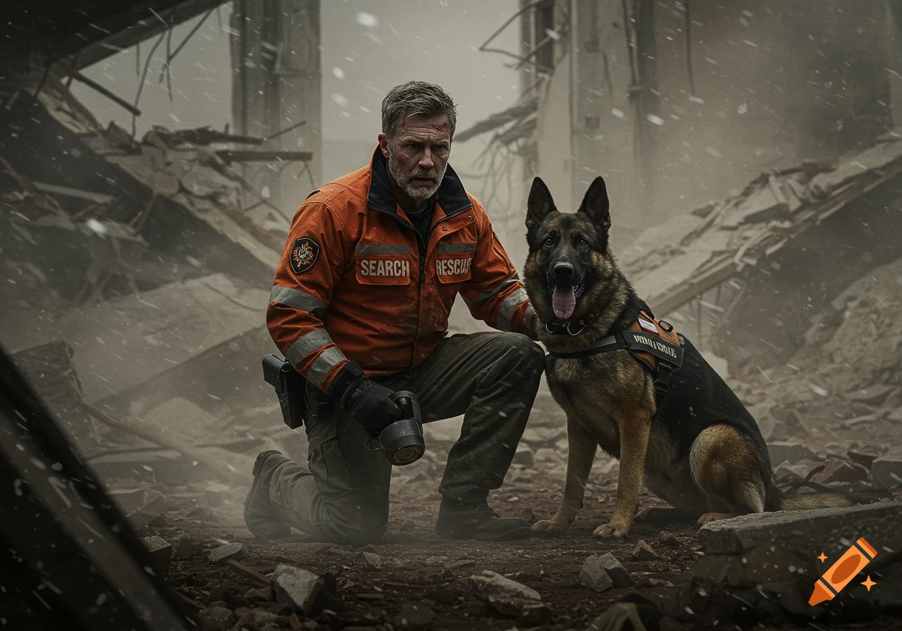 A man in an orange search and rescue jacket kneels beside a German ...