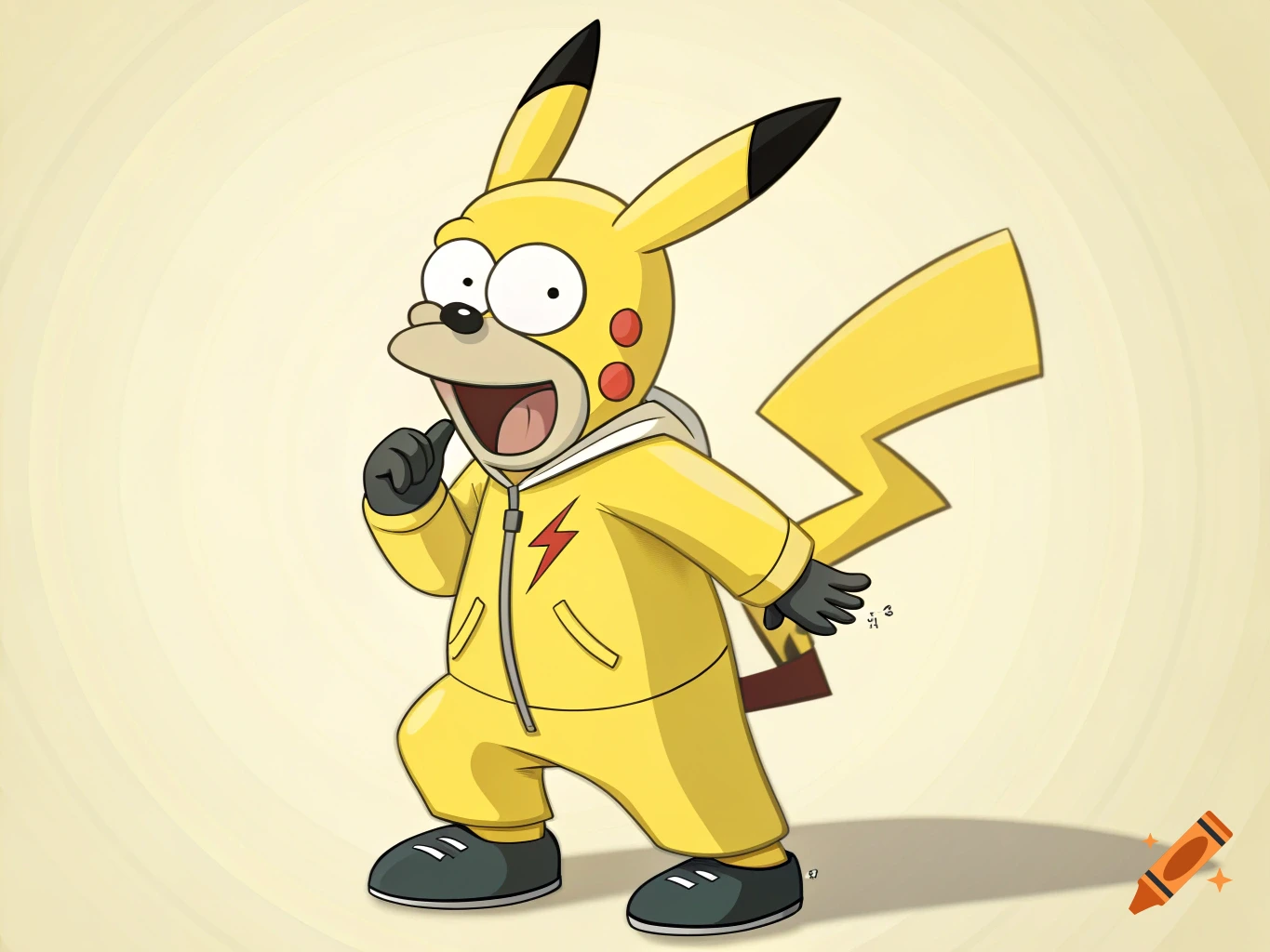 Cartoon of Homer Simpson dressed as Pikachu, wearing a yellow suit with ...