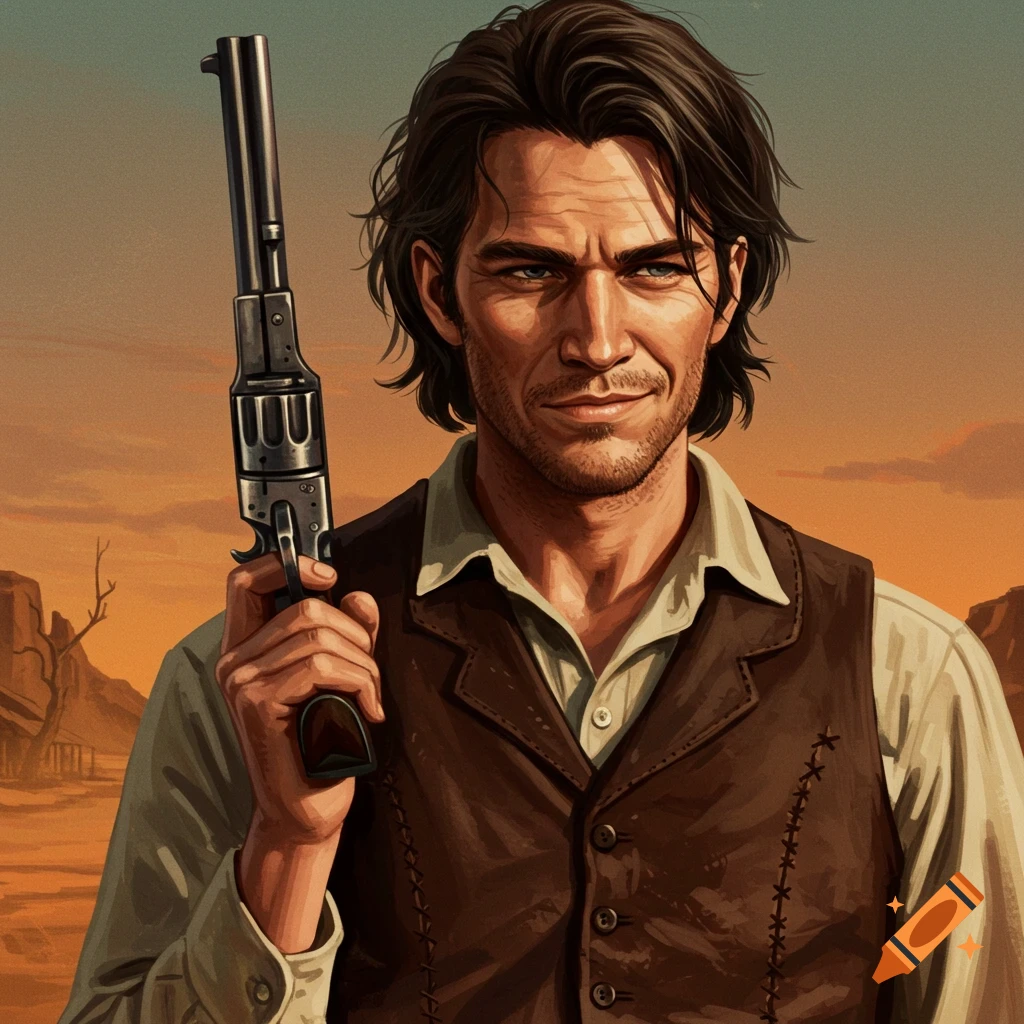 A rugged man with dark hair and a faint smile holds a pistol in a ...