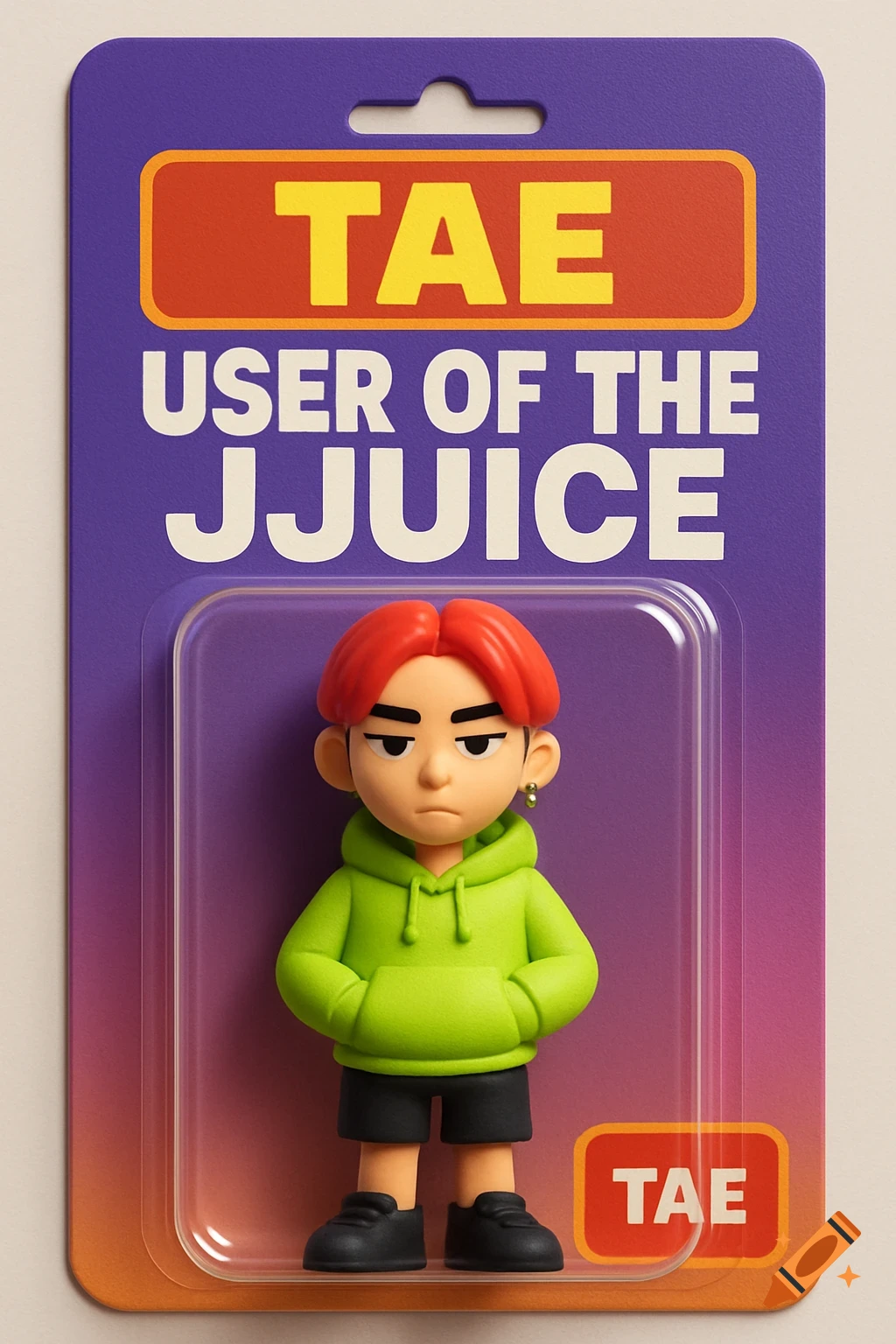 Stylized 3D action figure of a red-haired character named Tae in a neon ...