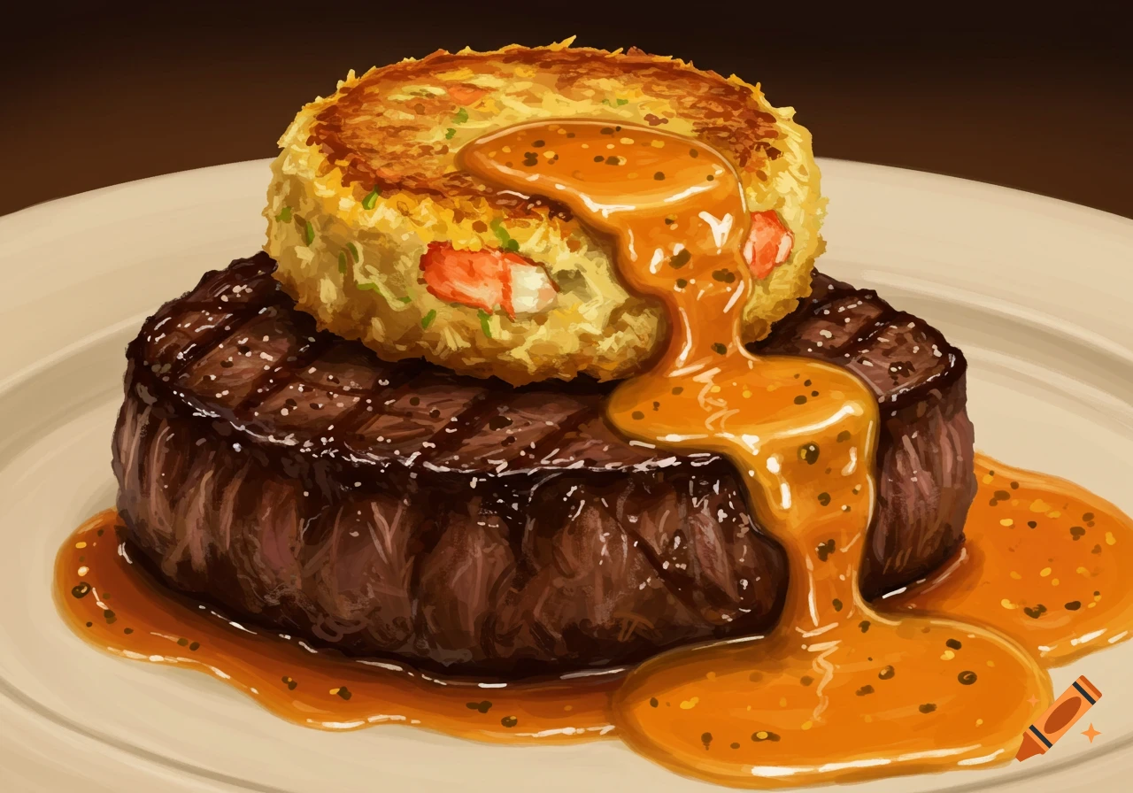 A gourmet meal featuring a grilled beef filet topped with a crab cake ...