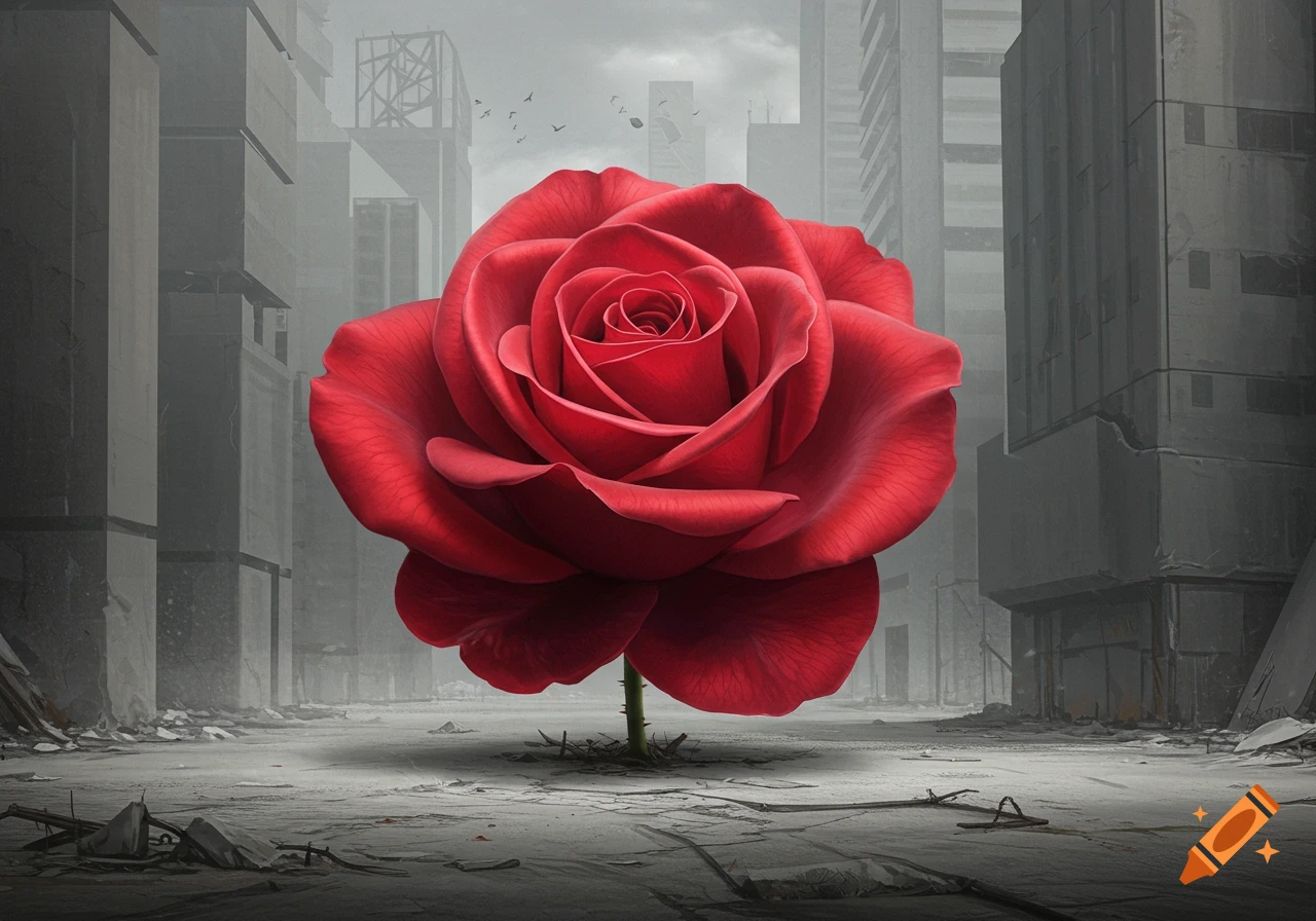 A large, vibrant red rose stands in the center of a desolate, grey ...
