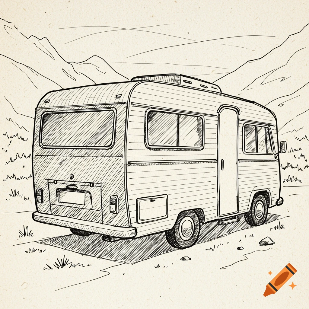 Line drawing of a camper van parked in a mountainous landscape. on Craiyon