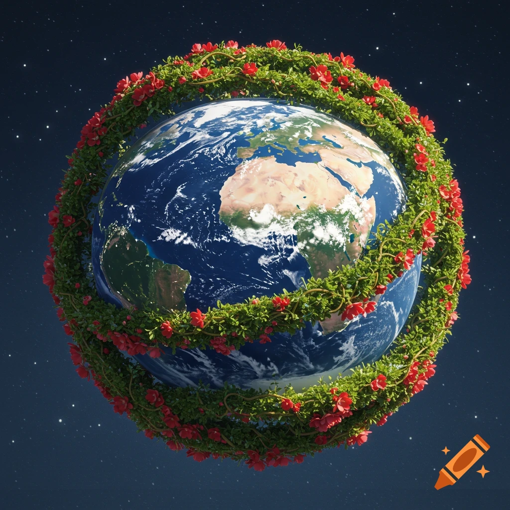 Planet Earth is enveloped by lush green vines adorned with numerous vibrant red flowers, set ...