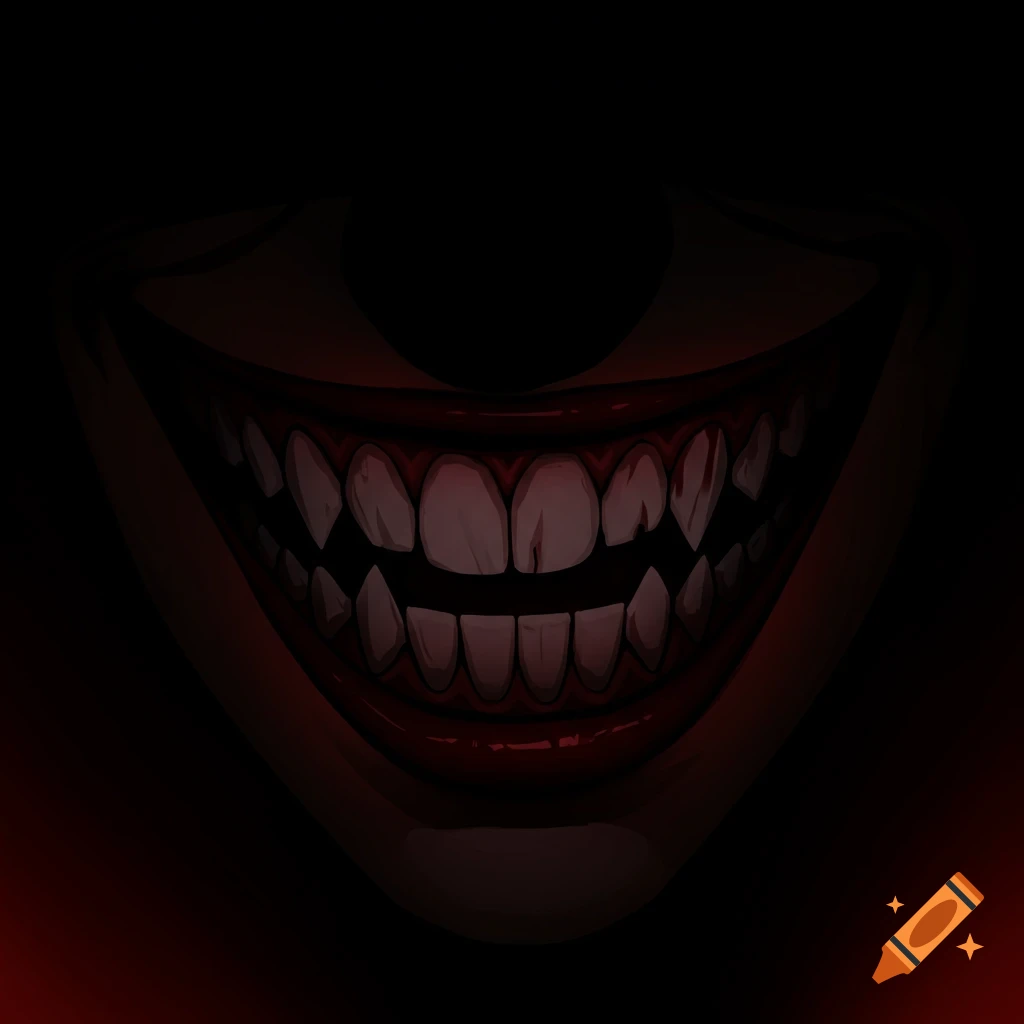 An illustration of a wide, sinister smile with sharp, bloodied teeth ...