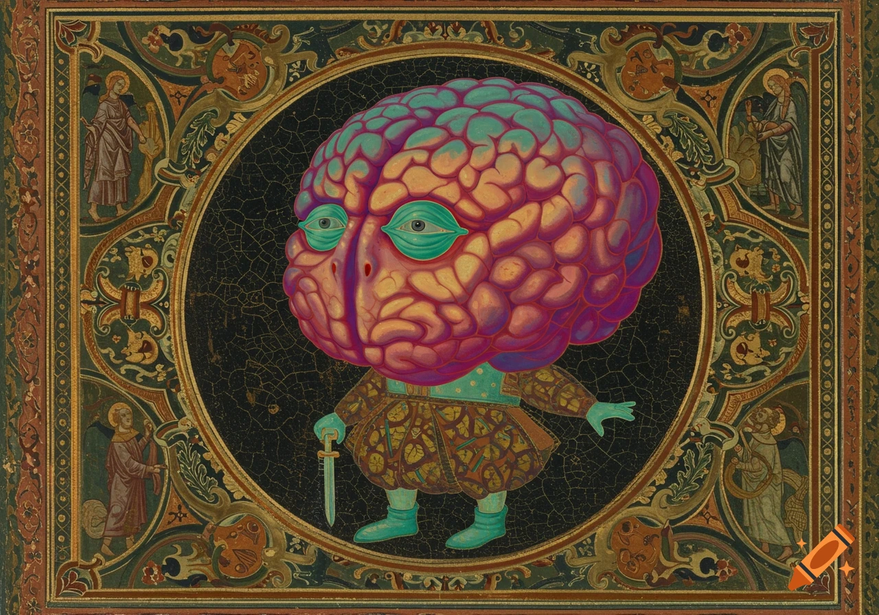 A surreal creature with a large, colorful brain for a head, a small ...