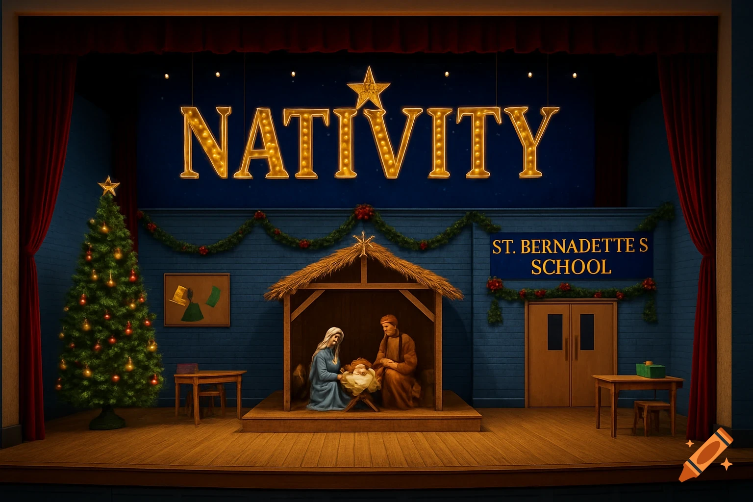 A Christmas theatrical stage with a Nativity scene, lighted 'NATIVITY ...