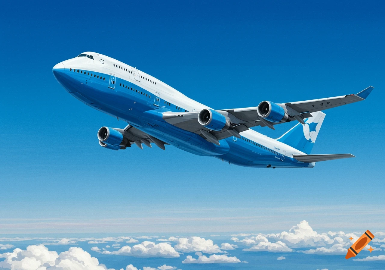 A blue and white Boeing 747 airplane flies high in a clear blue sky with white clouds below. on ...