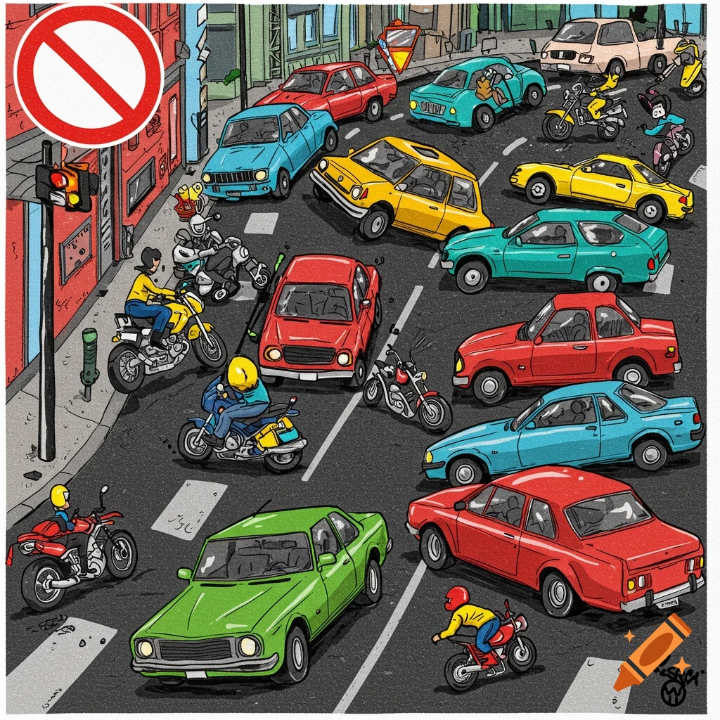 A cartoon illustration of a chaotic street scene with many cars and ...