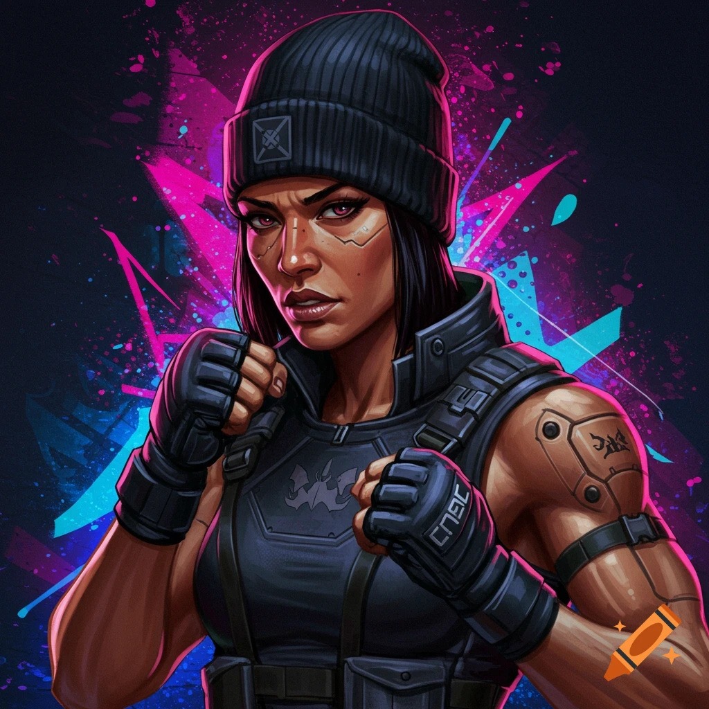 A stylized digital art portrait of a female fighter with a serious ...