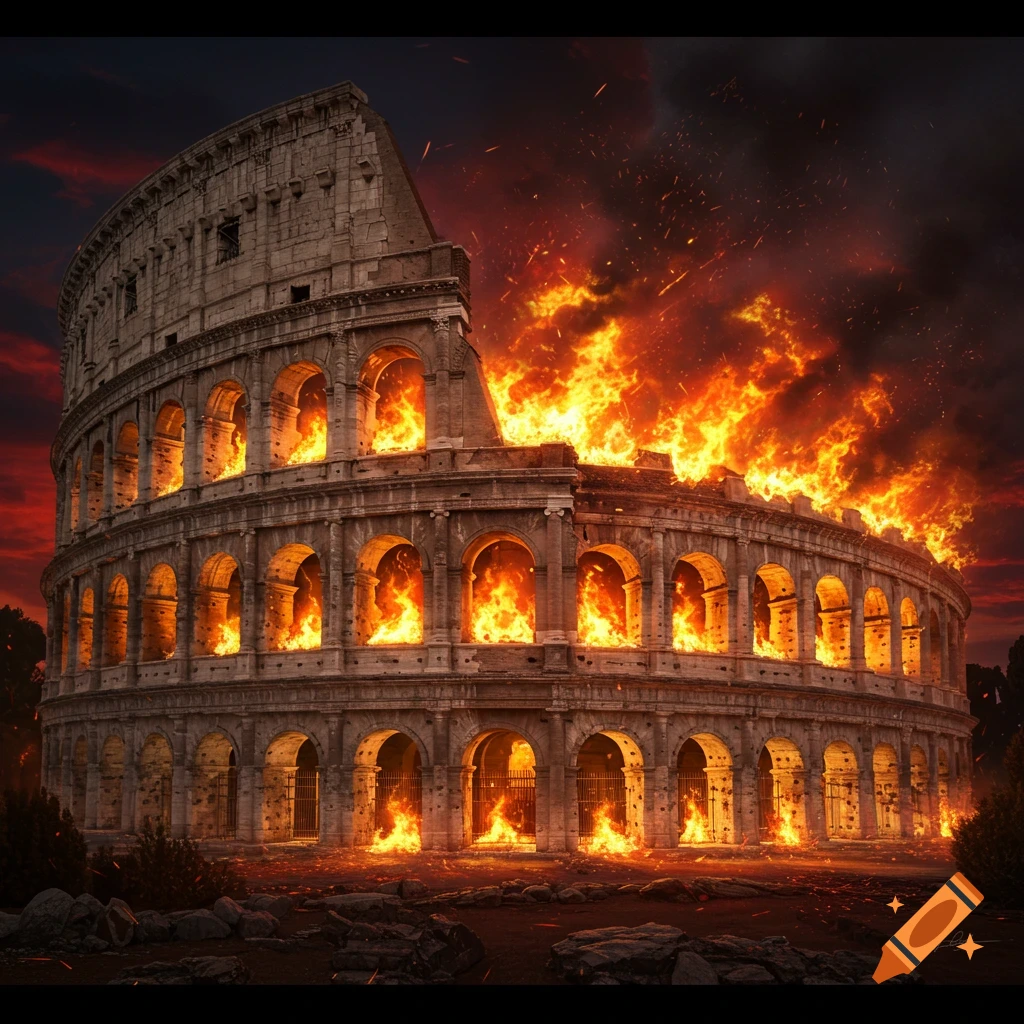 Photorealistic image of the ancient Roman Colosseum engulfed in massive ...