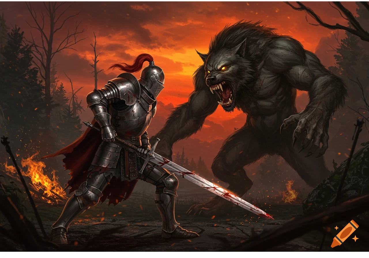 A knight in shining armor battles a snarling werewolf in a dark, fiery ...