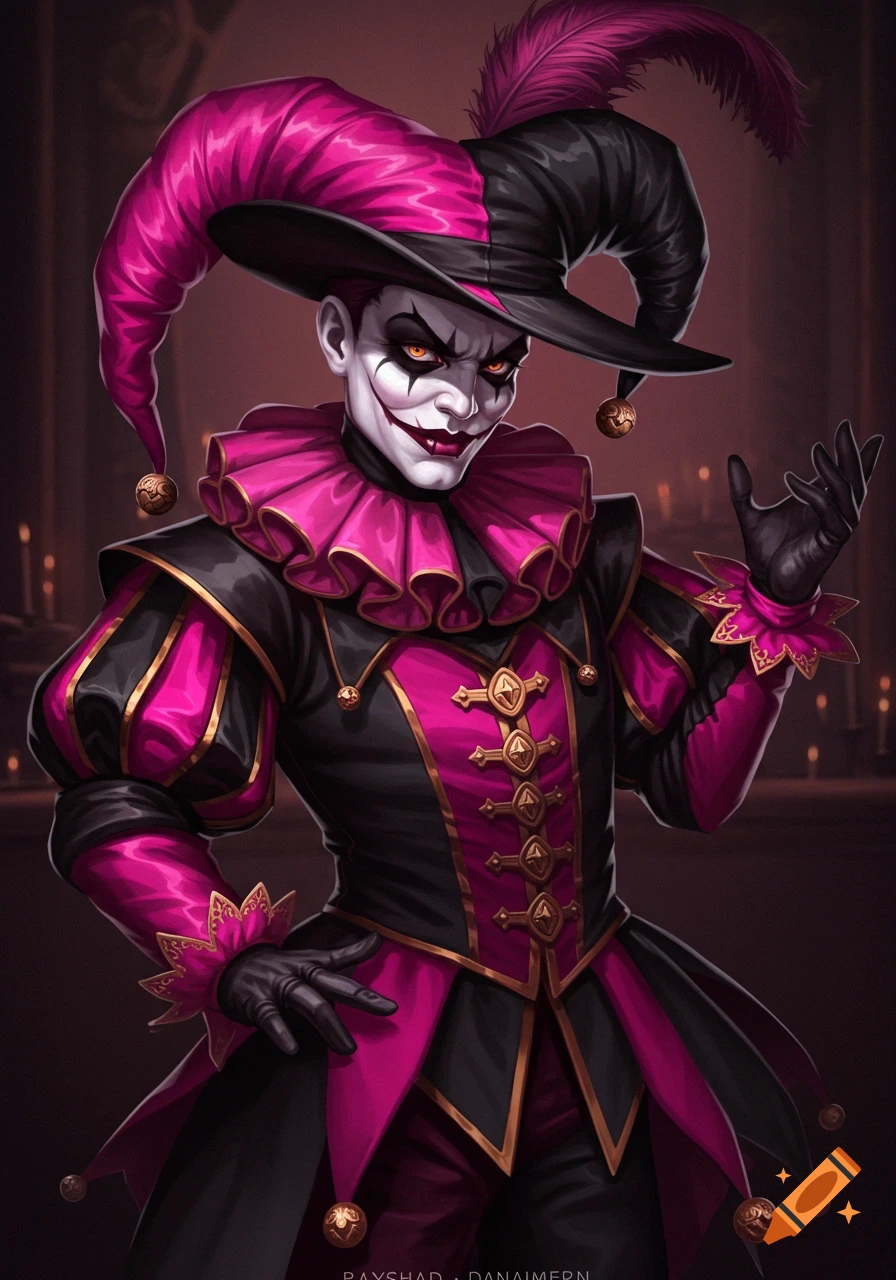 Intimidating male jester in a black and pink outfit with a feathered ...