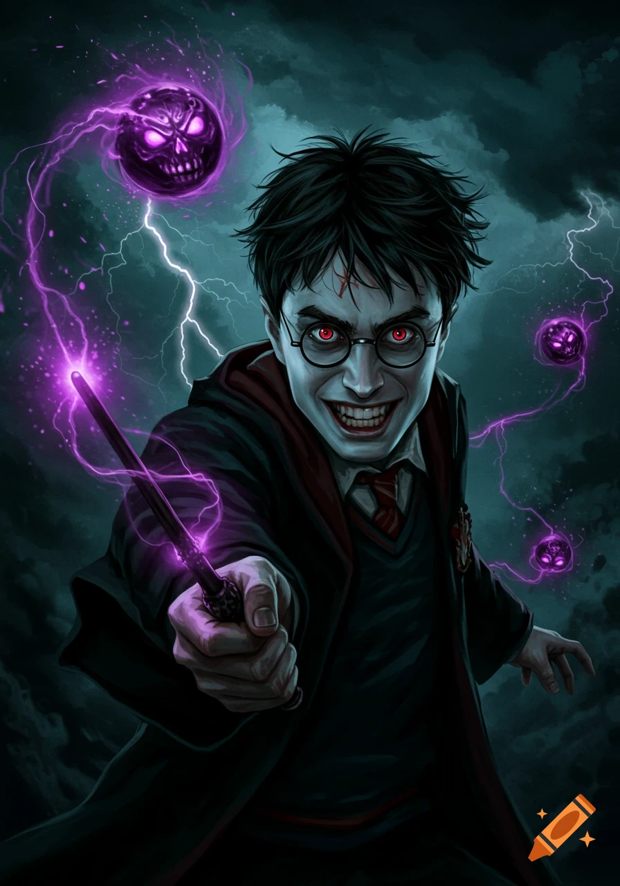 Evil Harry Potter with red eyes and sharp teeth casts purple magic from ...