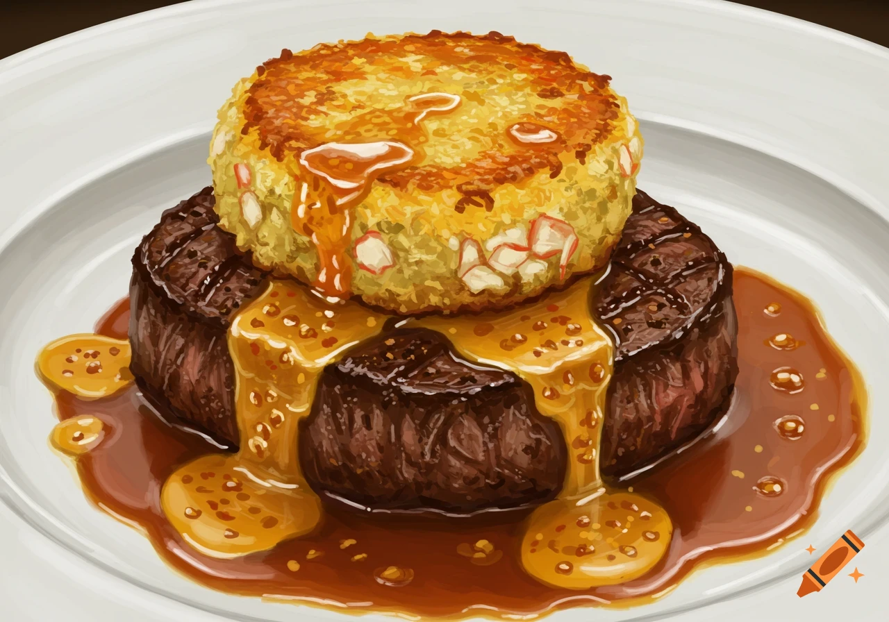 A beef filet topped with a crab cake and a rich, golden sauce, served ...