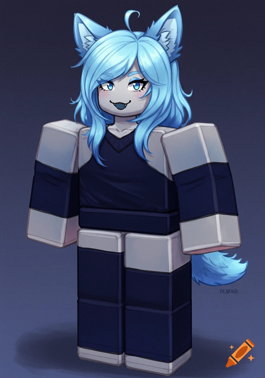 A stylized Robloxian character with pale gray skin, light blue hair ...